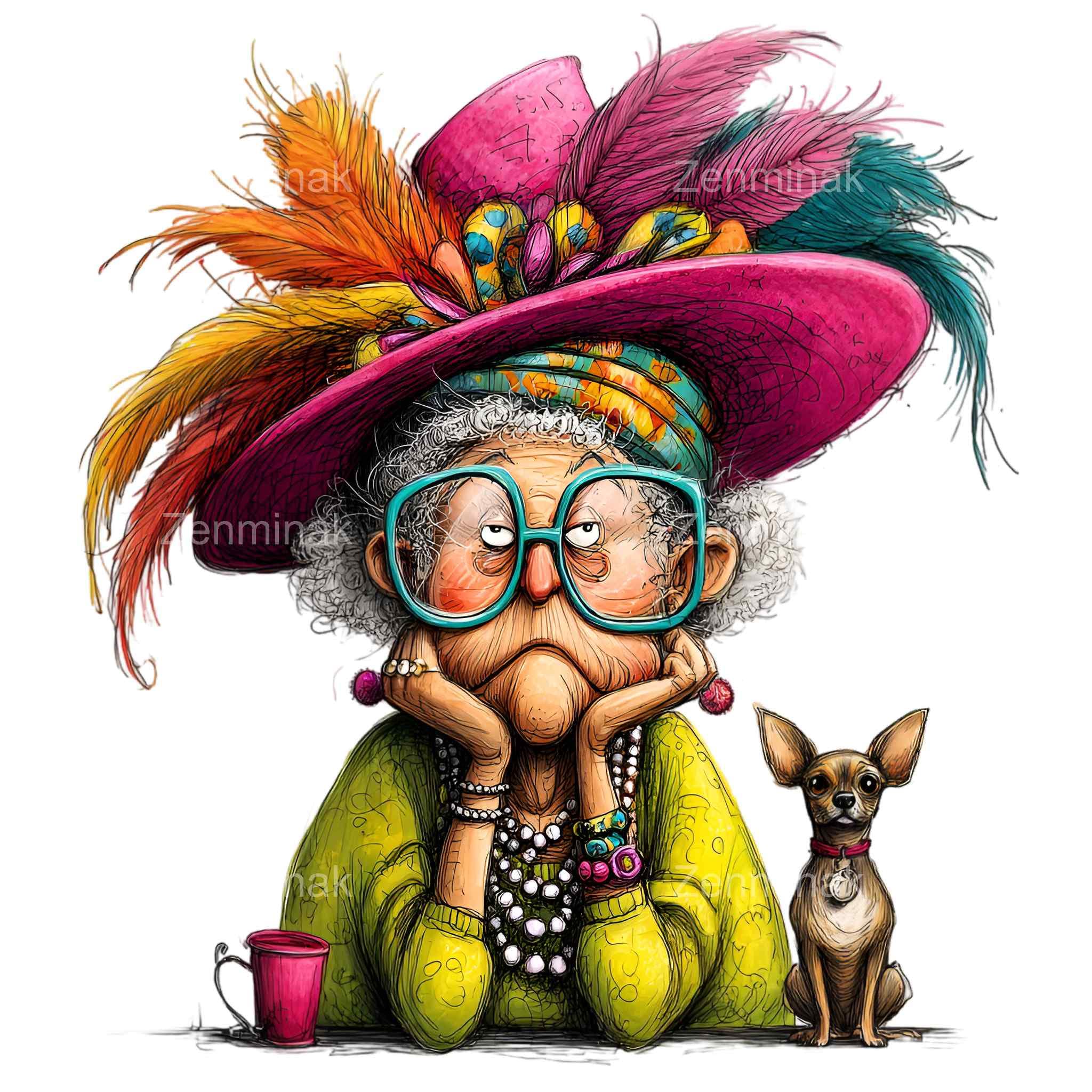 16 PNG Grumpy Lady Clipart – Funny Old Woman With Big Hat and Chihuahua ...