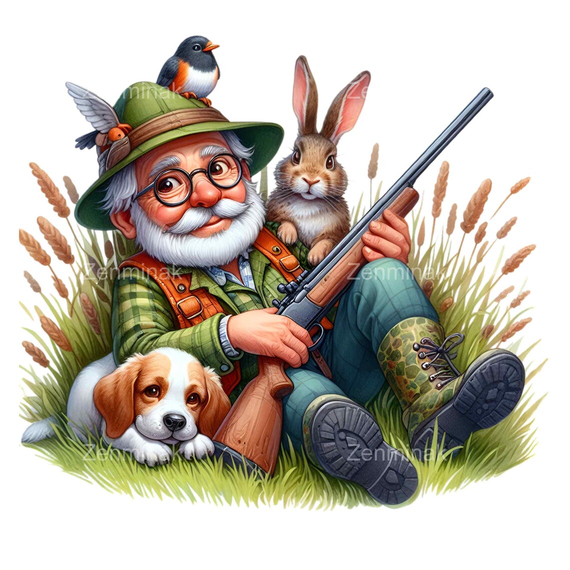 15 PNG Funny Hunter Clipart – Old Man With Dog and Bunny Illustration ...