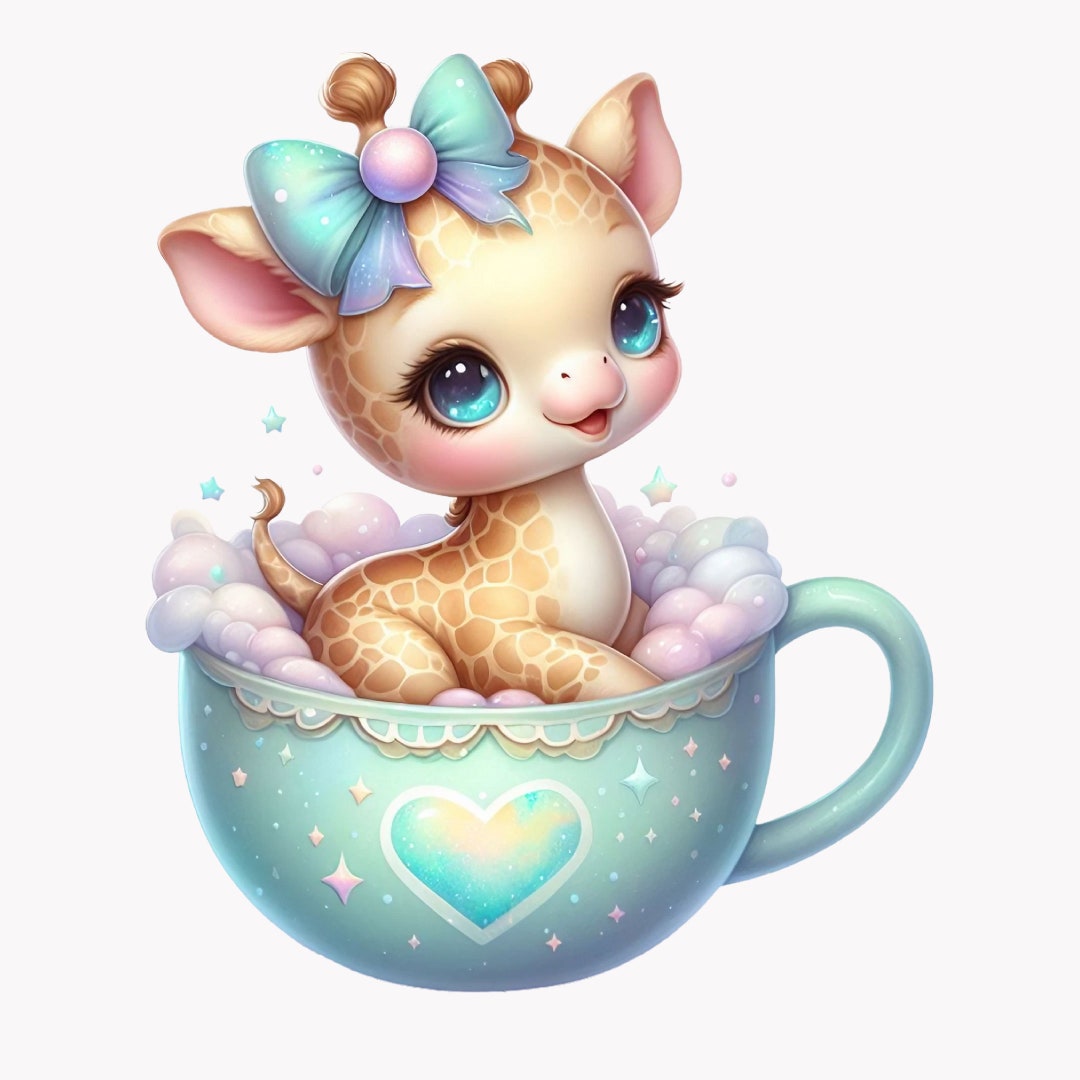 10 Baby Giraffe Teacup Clipart PNG Cute Animal in Cup With Pastel ...