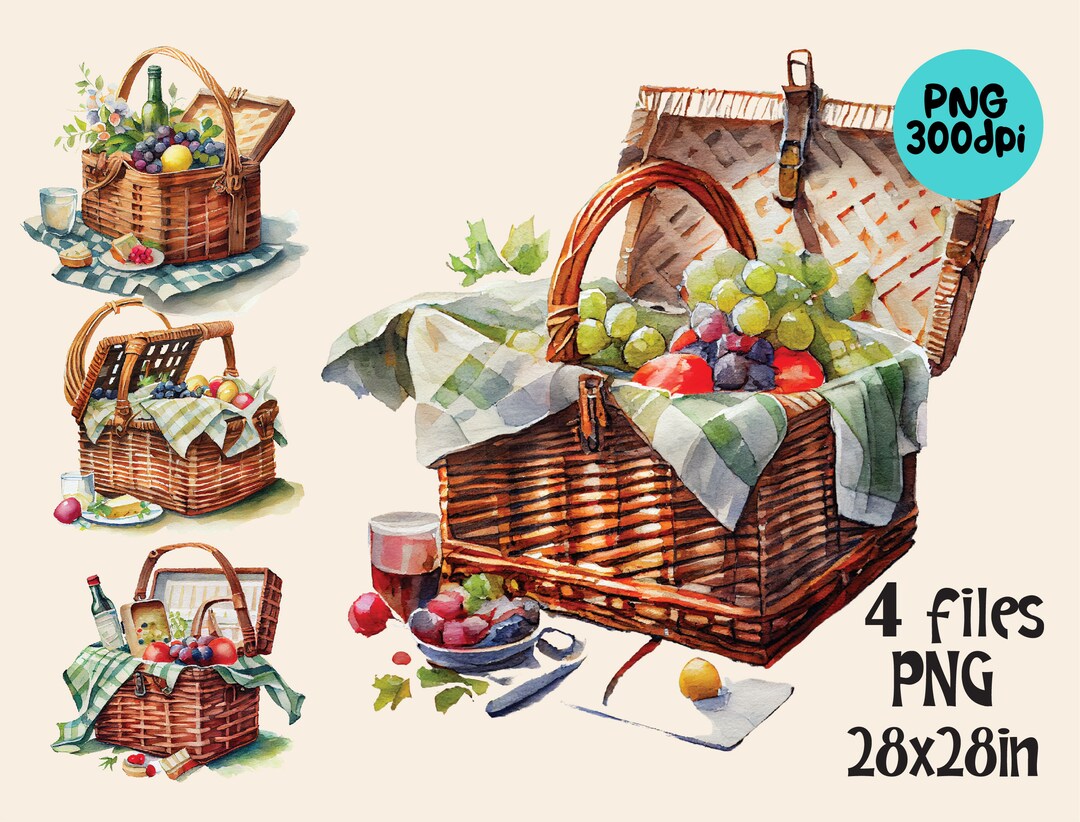 Picnic Basket Watercolor Clipart PNG - Etsy