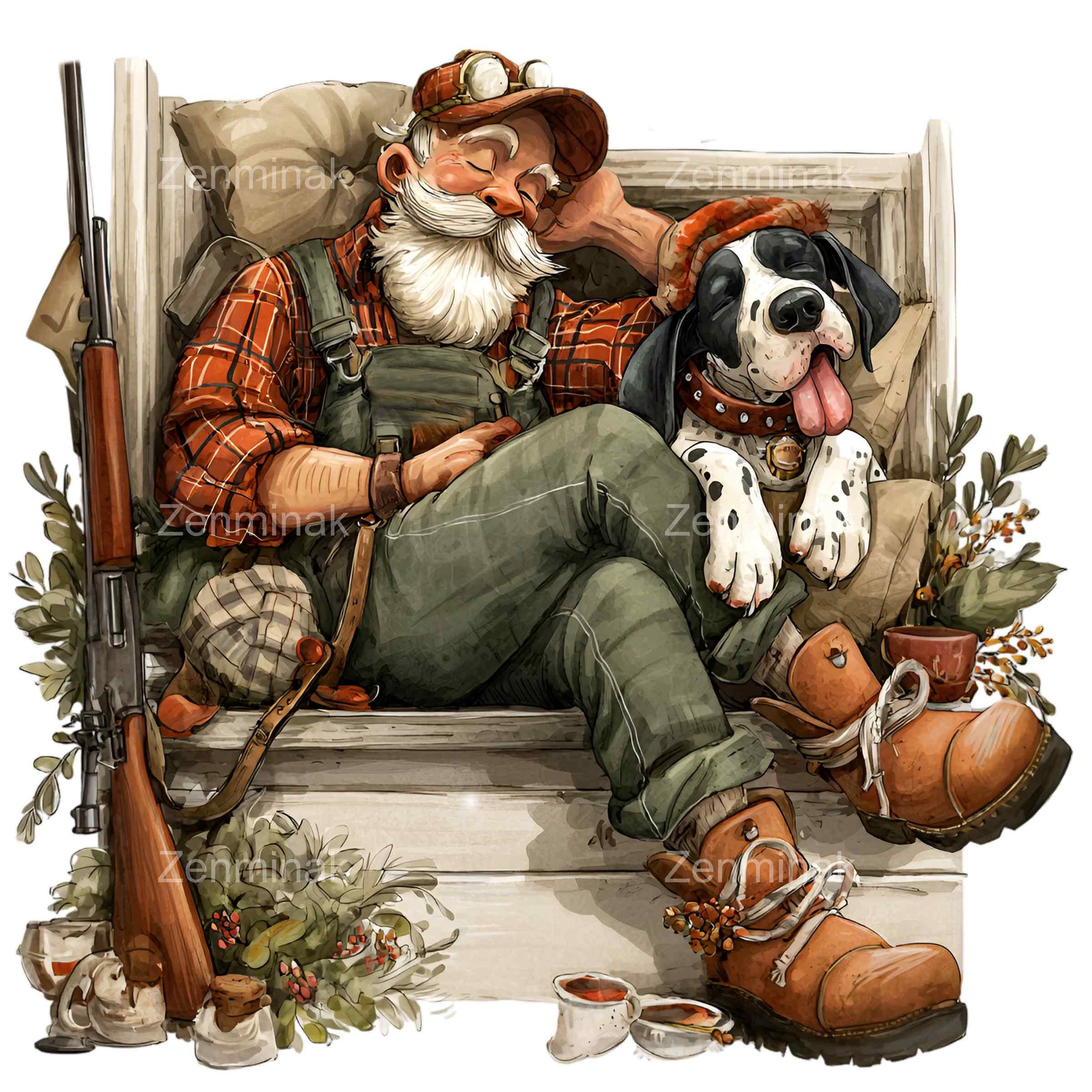 10 PNG Old Hunter Clipart, Fisherman Grandpa, Hunting Dog Illustration ...
