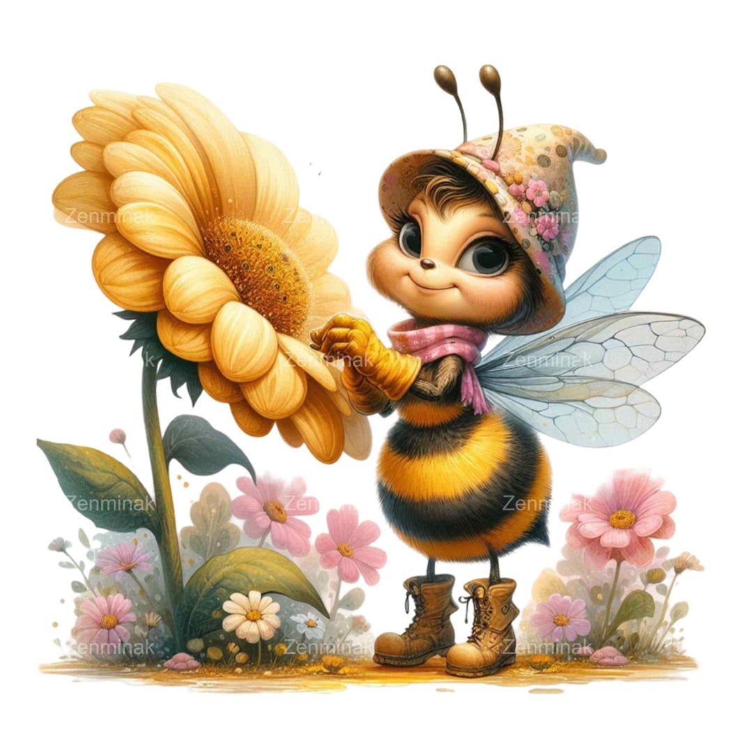 14 Cute Bumblebee PNG With Sunflower Clipart PNG, Whimsical Garden ...
