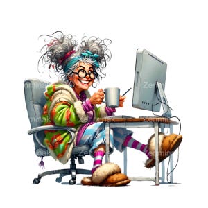 15 Funny Granny Working at Computer PNG, Cartoon Elderly Woman Clipart ...