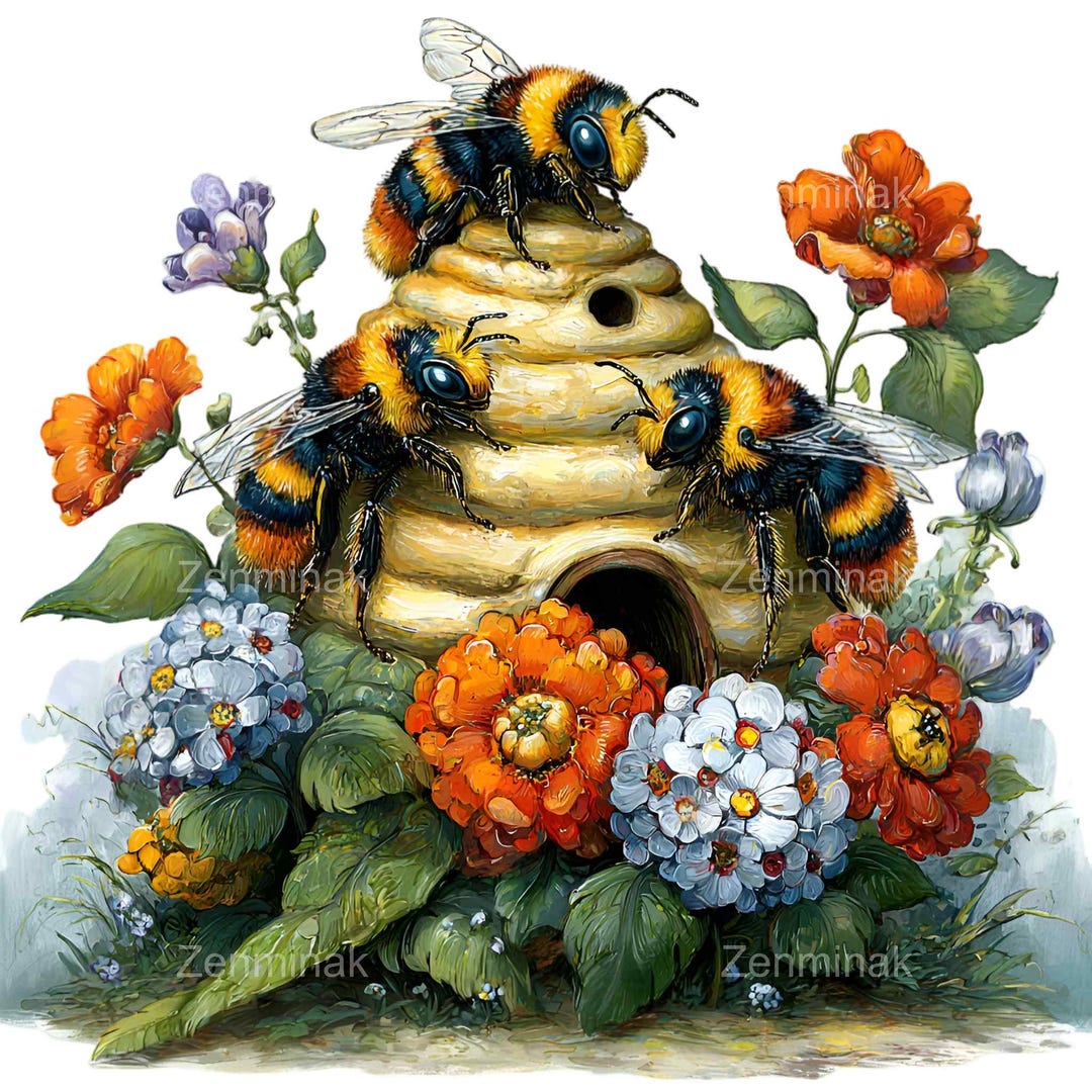 12 PNG Bumble Bee Clipart, Watercolor Beehive Floral Garden ...