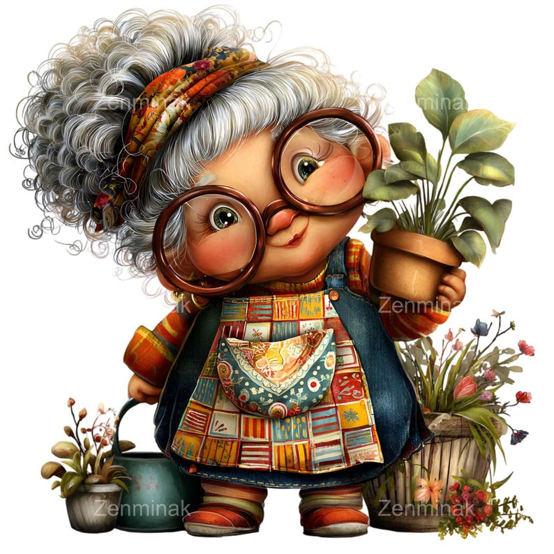 15 PNG Funny Gardening Grandma Clipart – PNG Cute Old Lady With Plants ...
