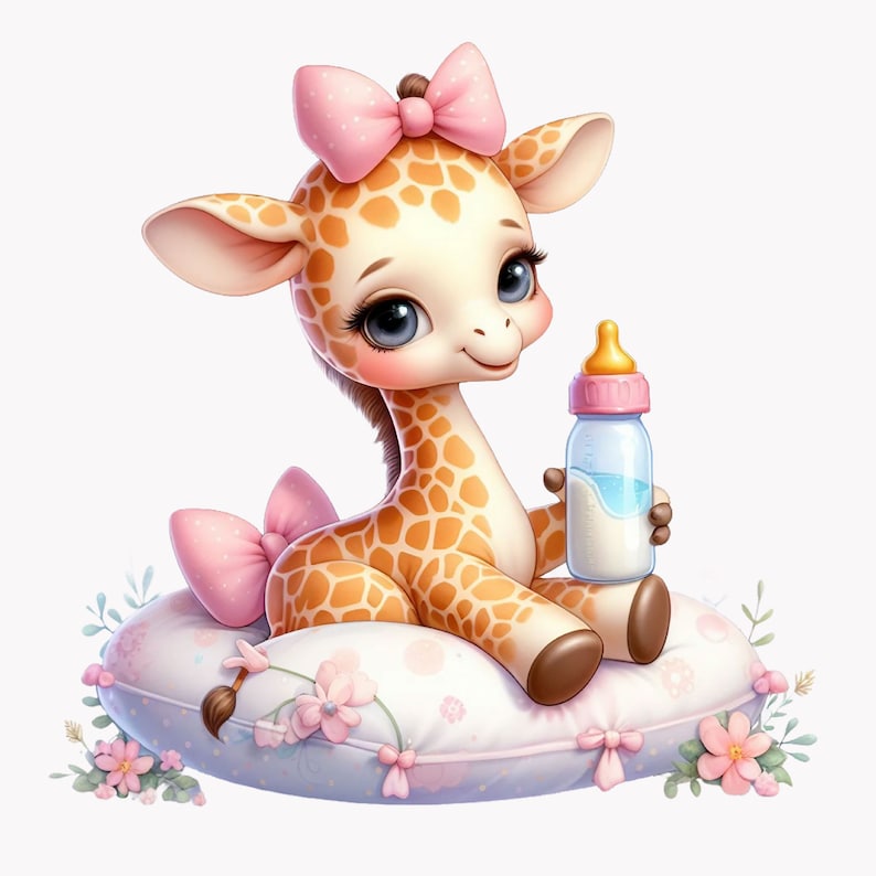 10 PNG Baby Shower PNG – Cute Baby Giraffe With Bottle and Pink Bow ...