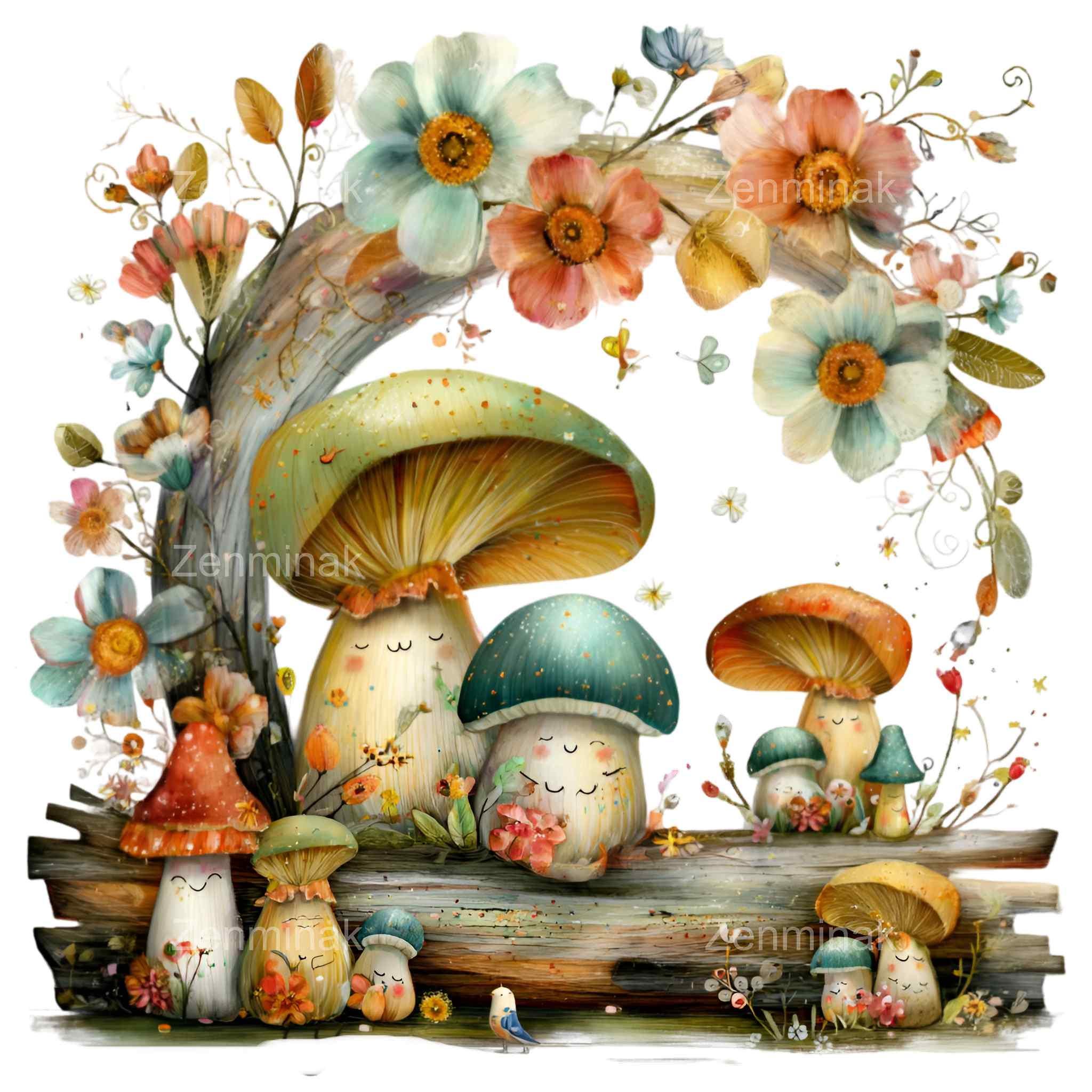 14 PNG Whimsical Mushroom Family Clipart, Spring Floral Forest ...
