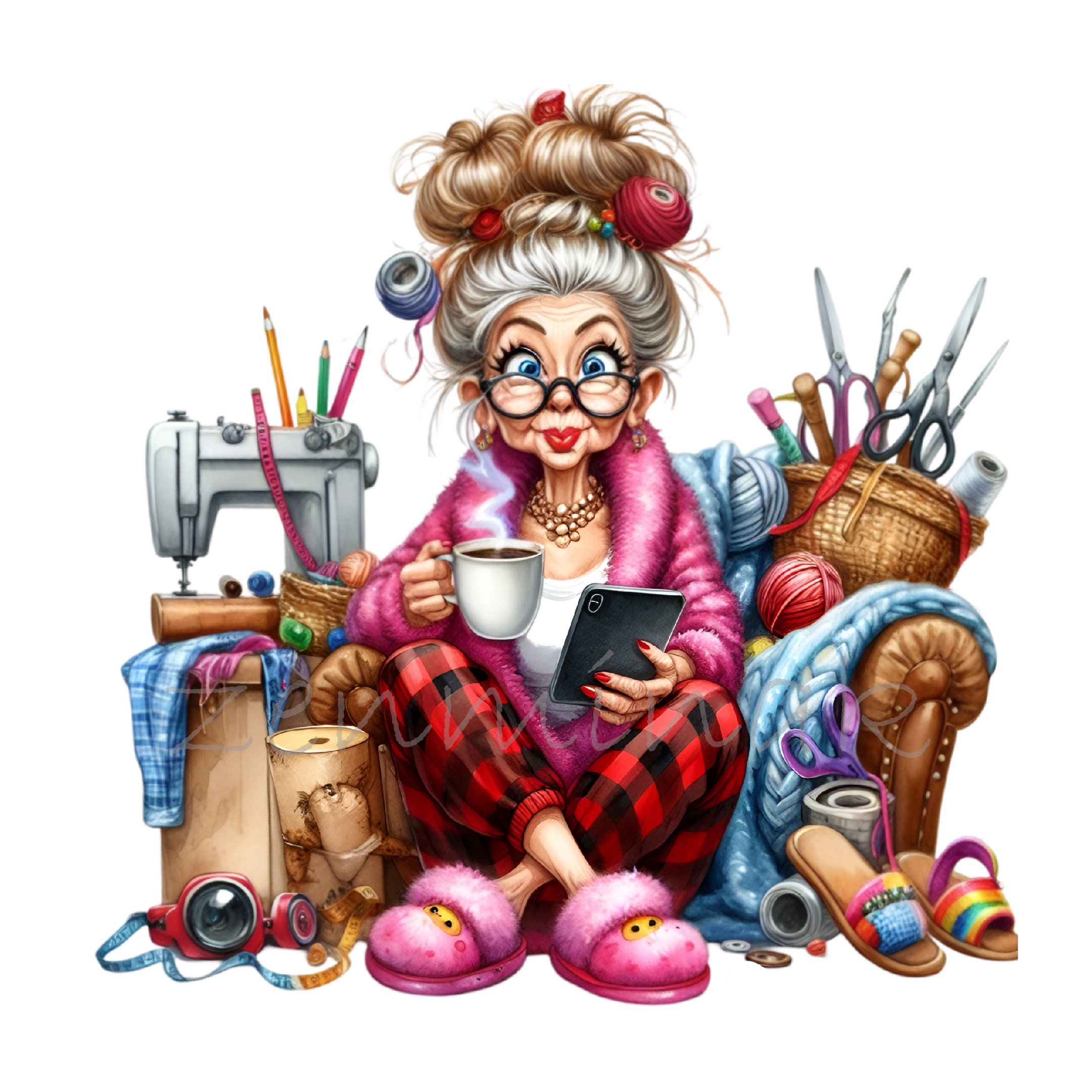 Crafting Grandma 12 PNG Clipart | Fun Granny With Coffee and Sewing ...