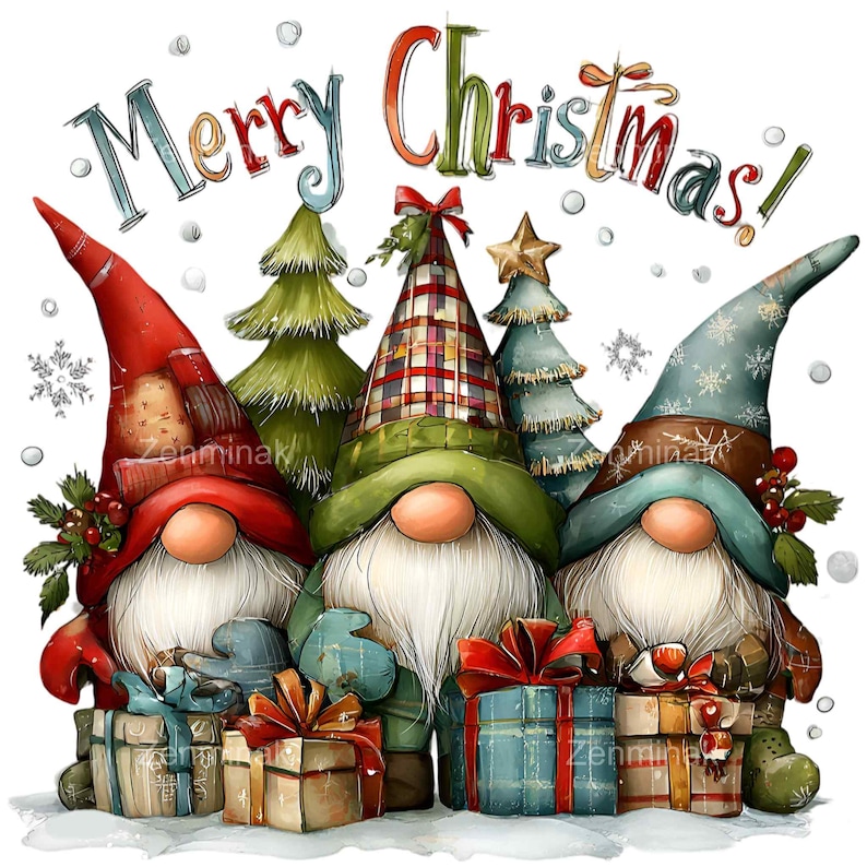 15 PNG Holiday Gnomes PNG – Three Christmas Gnomes With Gifts and Trees ...