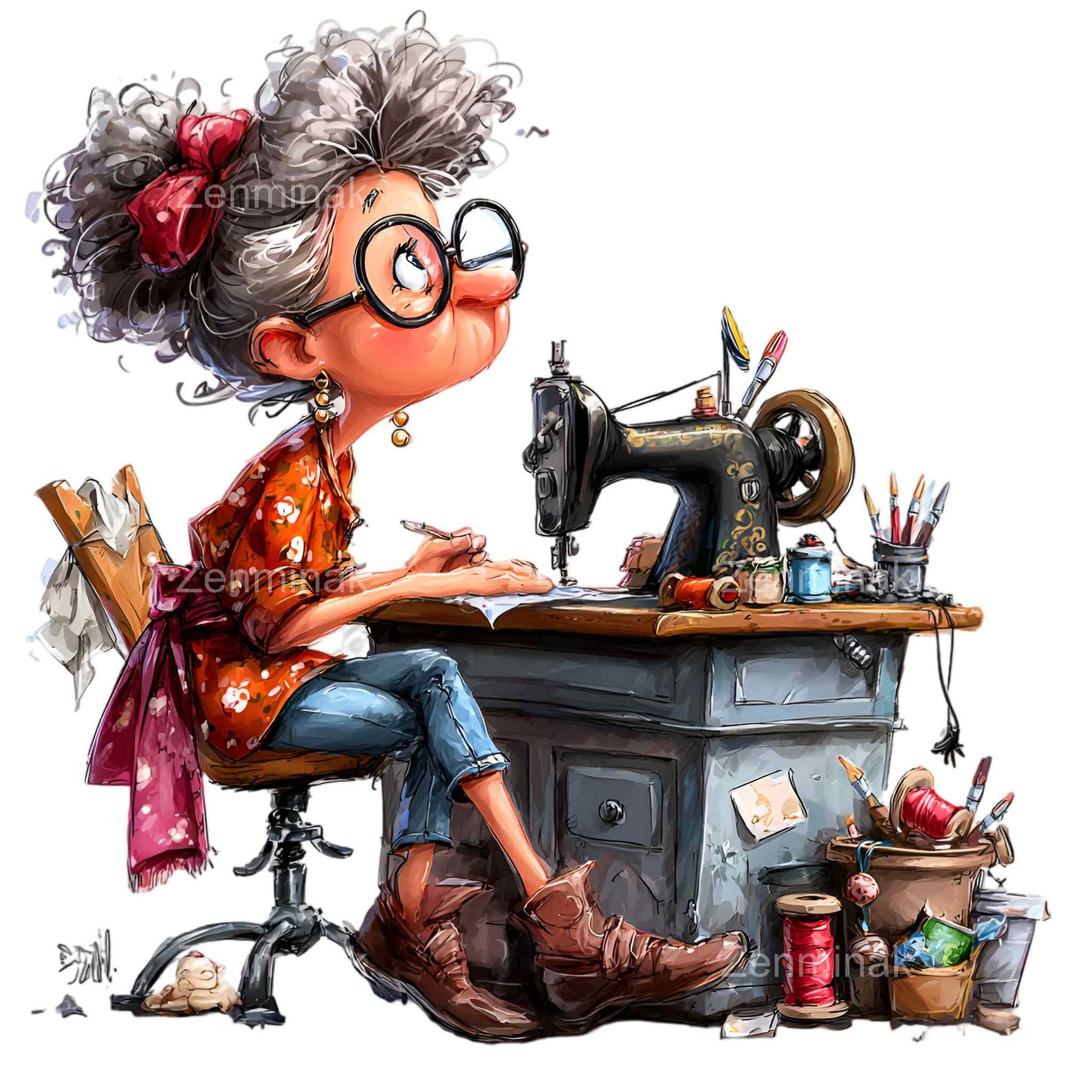 14 PNG Sewing Grandma – Funny Cartoon Lady at Sewing Machine PNG ...