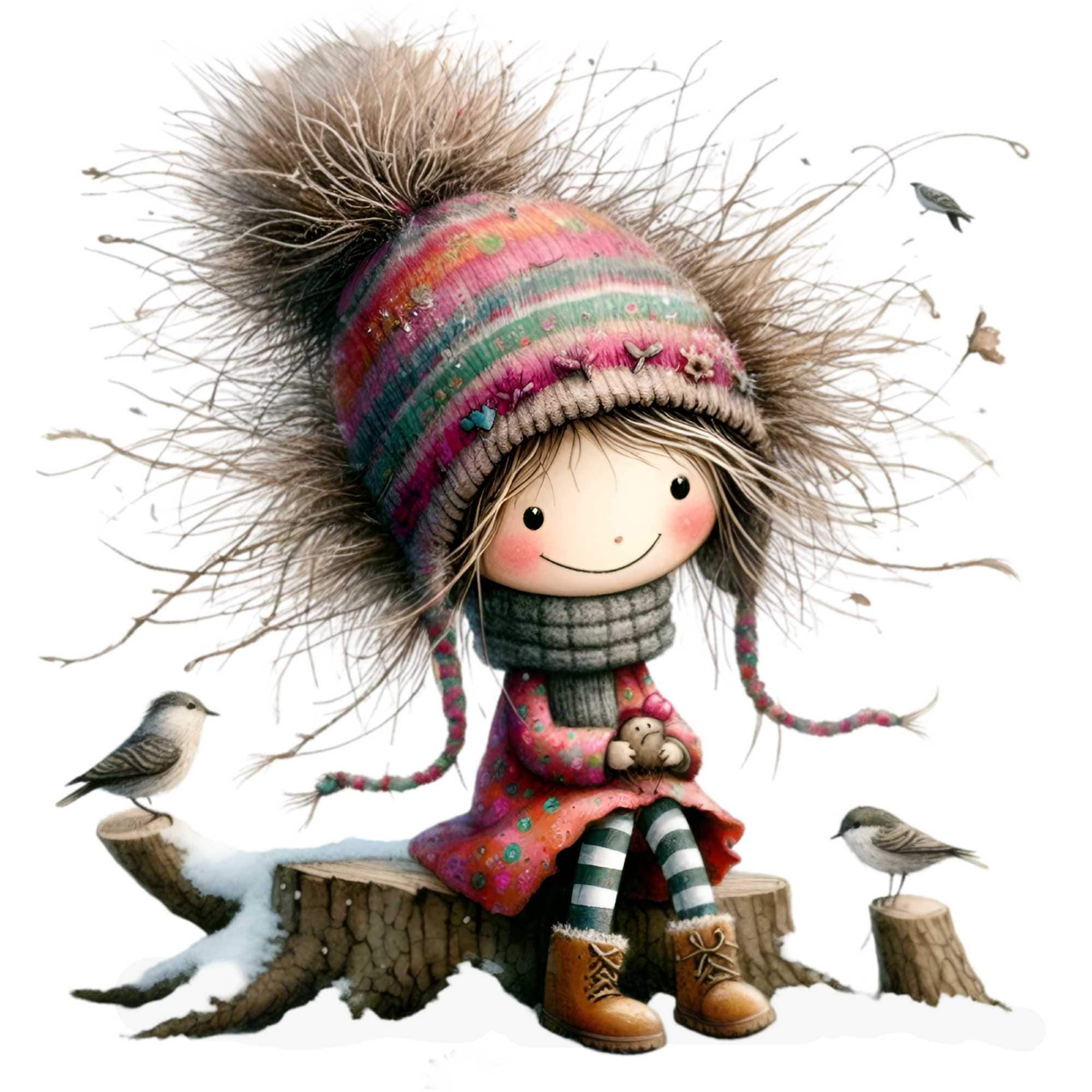 14 PNG Winter Girl Clipart – Birds Snow Tree – Seasonal Character Art ...