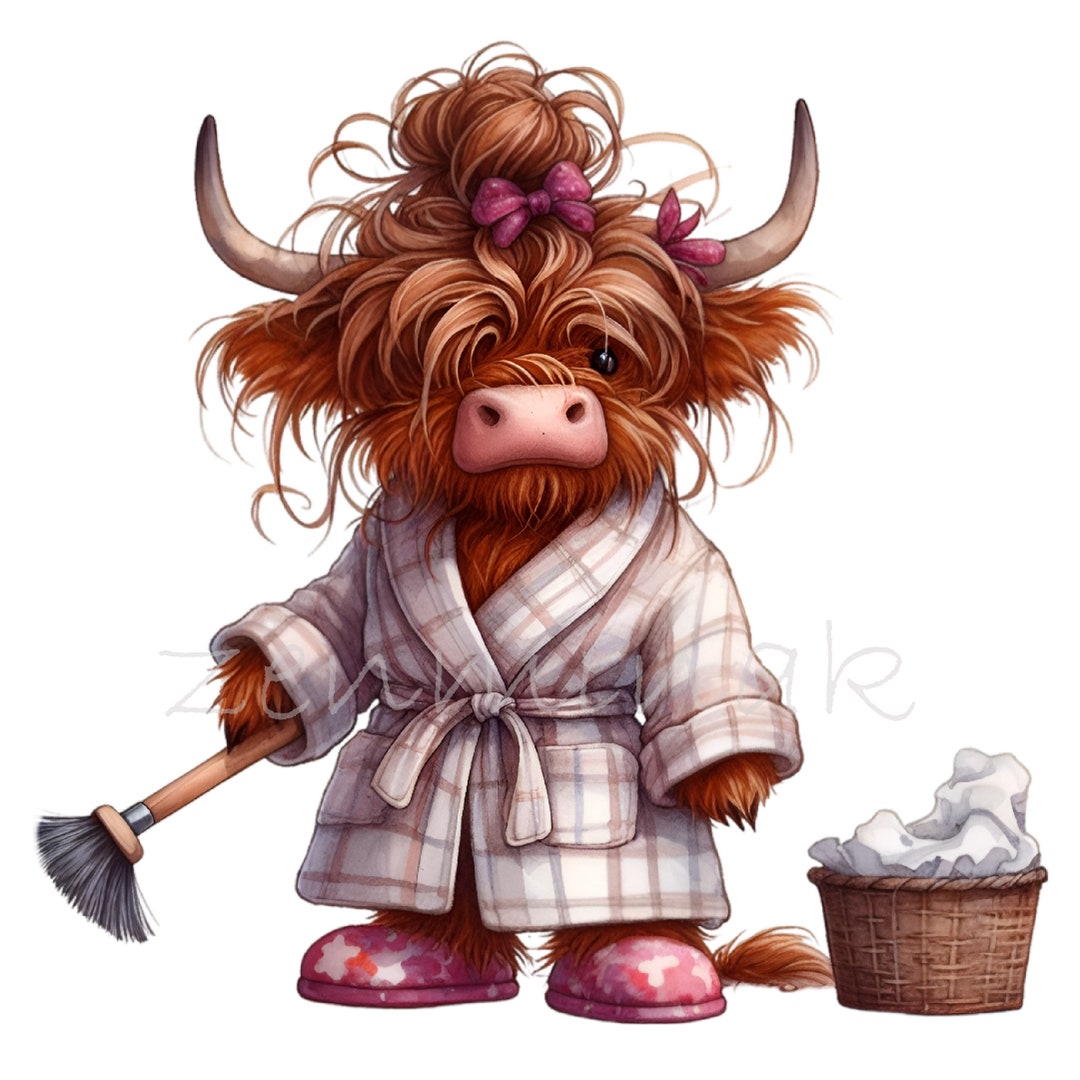 12 Highland Cow Maid PNG Cute Cartoon Cow in Bathrobe Holding Duster ...