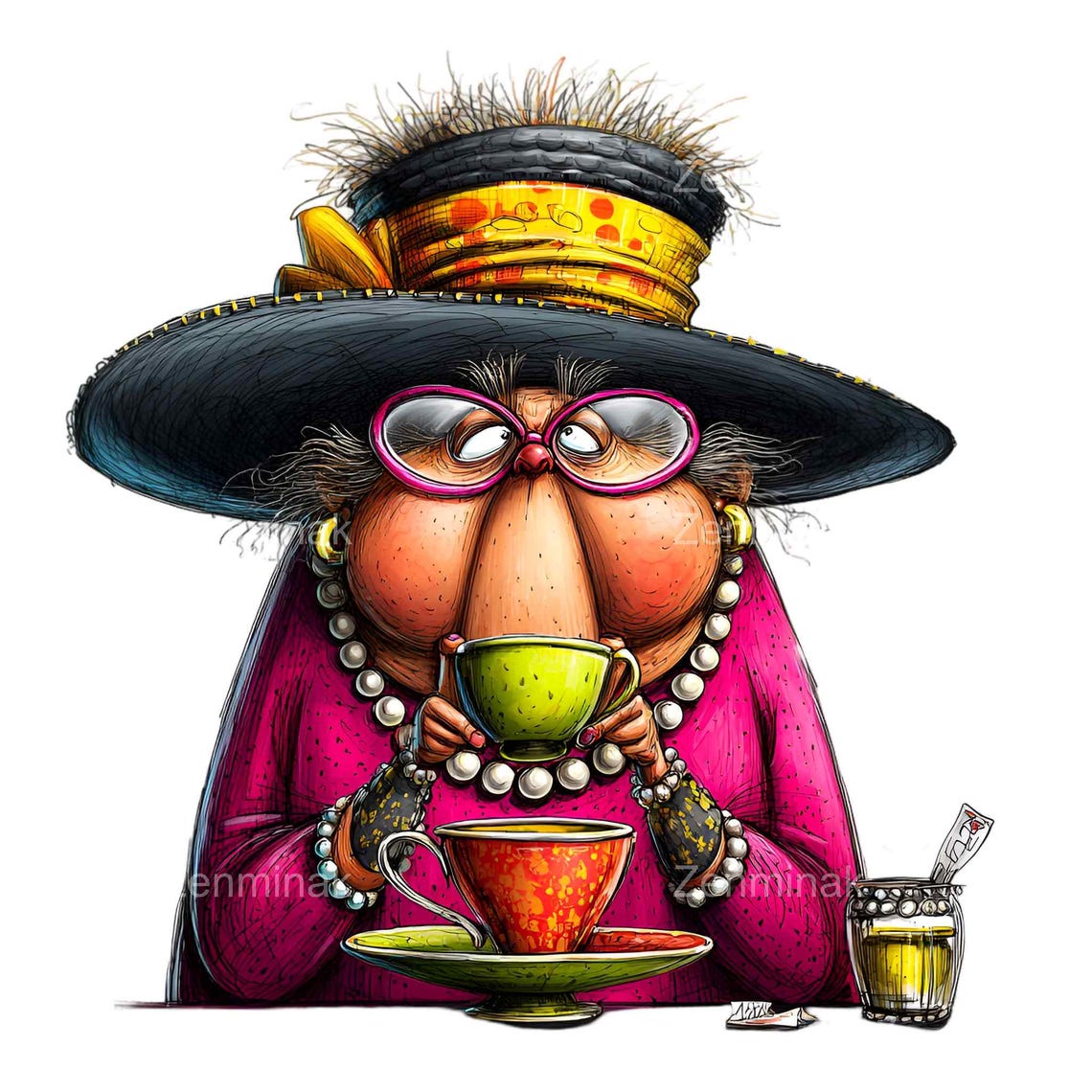 14 PNG Funny Tea Lady Clipart – Grumpy Senior With Big Hat, Coffee Mug ...