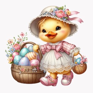 10 Easter Duckling Clip Art PNG - Adorable Chick in Floral Hat With ...