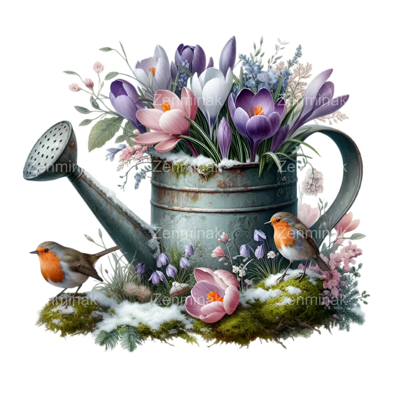 10 PNG Spring Watering Can – Rustic Floral Clipart With Crocus Flowers ...