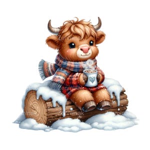 Winter Highland Cow Clipart PNG - 15 Cute Cow With Hot Cocoa, Festive ...