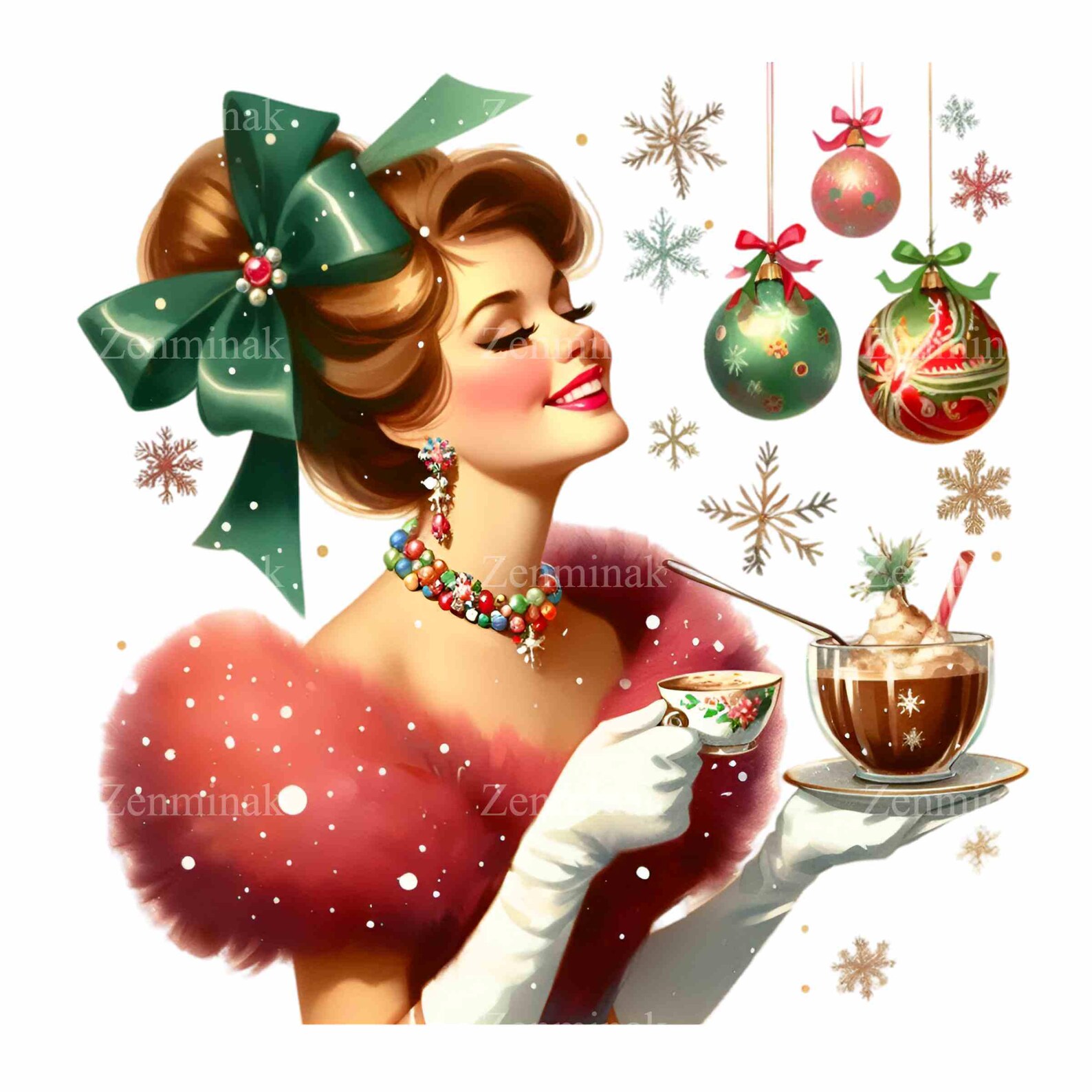 15 PNG Retro Christmas Lady Clipart – PNG of Vintage Woman With Cocoa ...