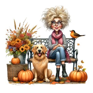 Autumn Grandma and Puppy Clipart 10 Fall Bench Scene With Pumpkins and ...