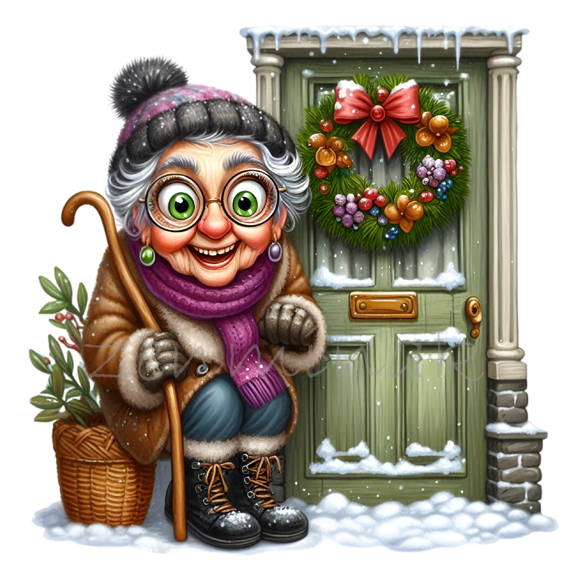 10 PNG Winter Grandma Clipart – Elderly Lady on Snowy Doorstep With ...