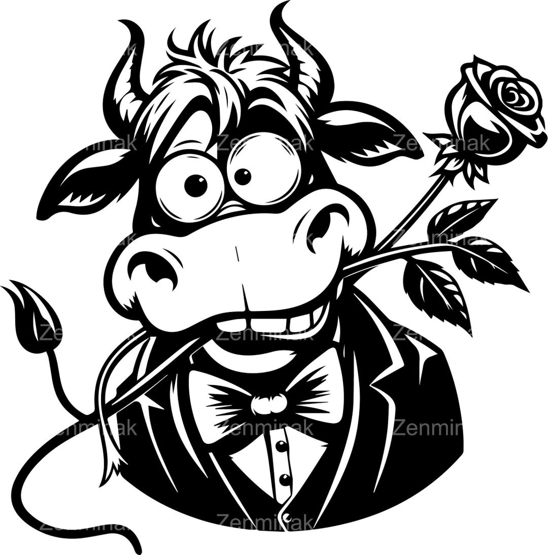 4 Romantic Cow Silhouette SVG Cut File, Cartoon Cow With Rose Clipart ...