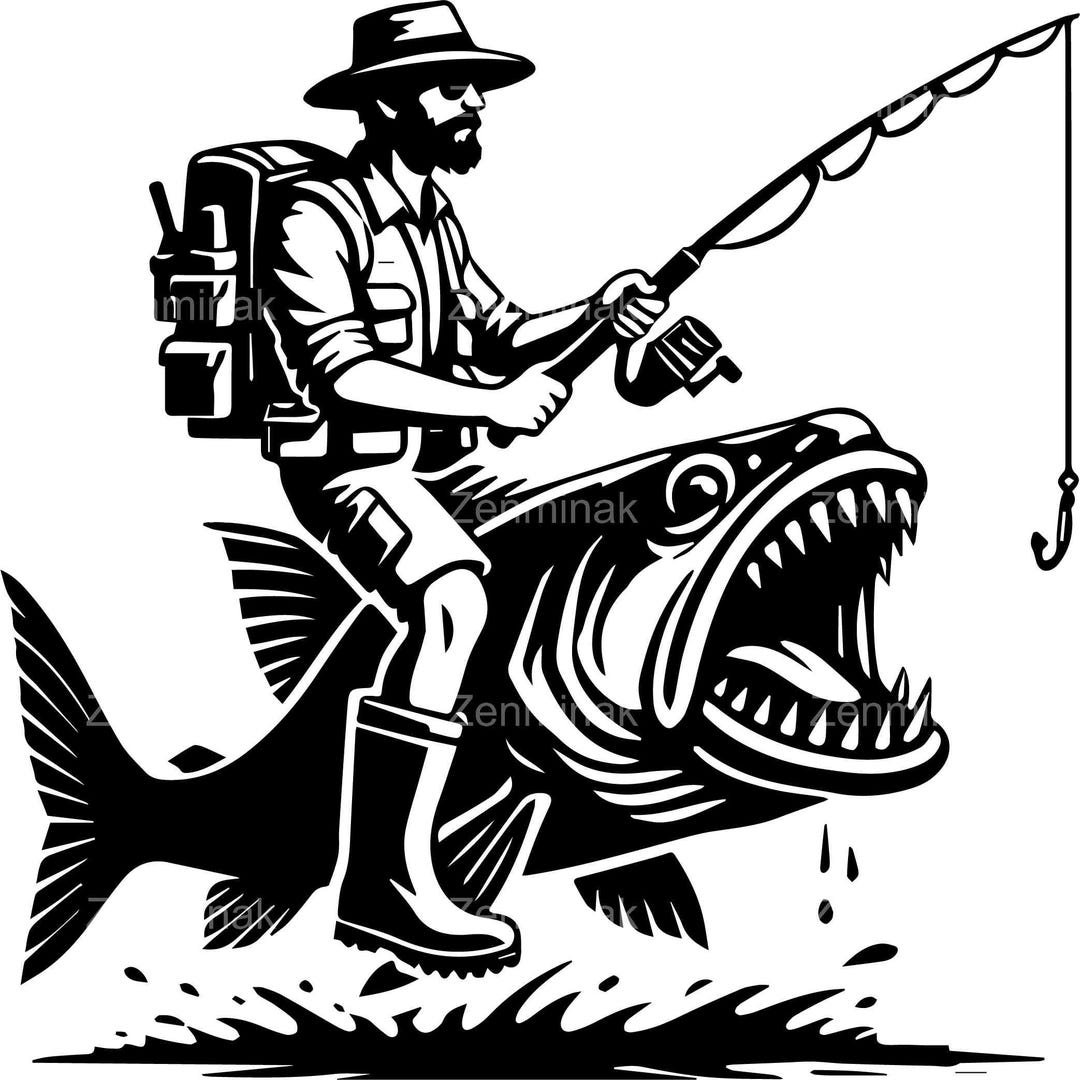 4 Funny Fisherman SVG, Man Riding Giant Fish With Rod Clipart, Comic ...