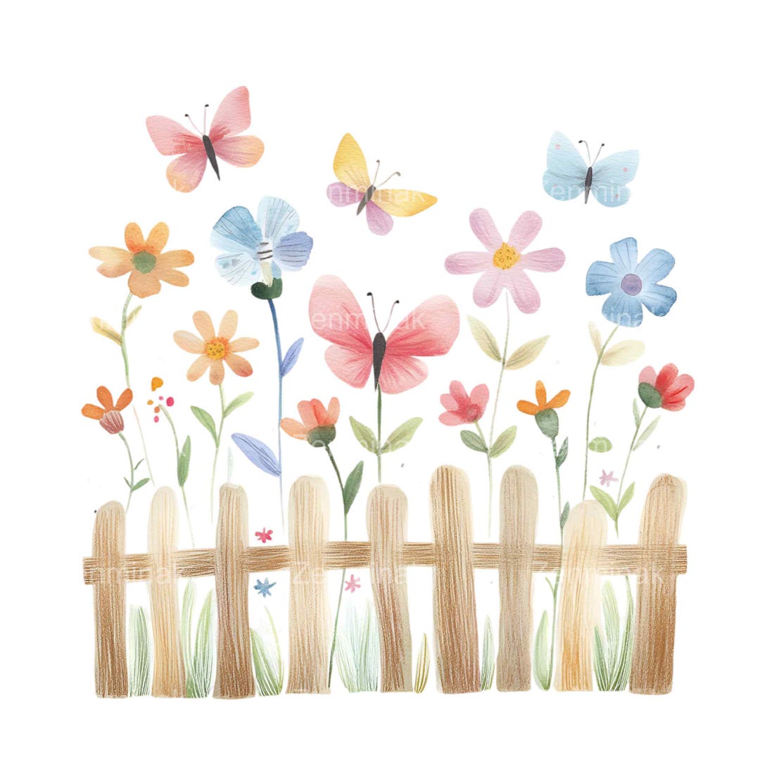 24 Spring Fence PNG Clipart, Pastel Wildflowers and Butterflies, Soft ...