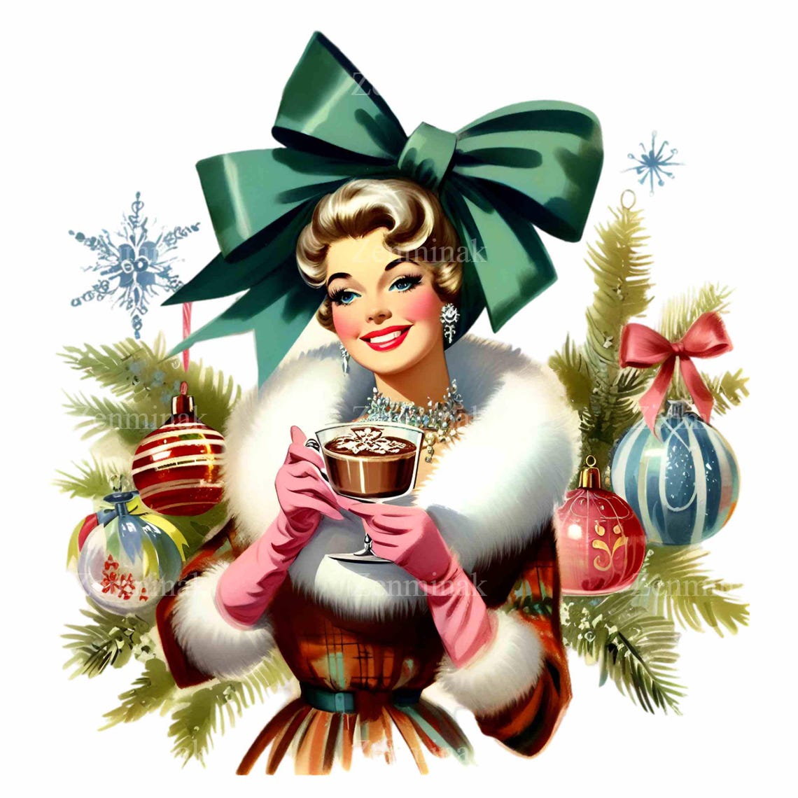 15 PNG Retro Christmas Lady Clipart – PNG of Vintage Woman With Cocoa ...