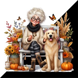 Autumn Grandma and Puppy Clipart 10 Fall Bench Scene With Pumpkins and ...