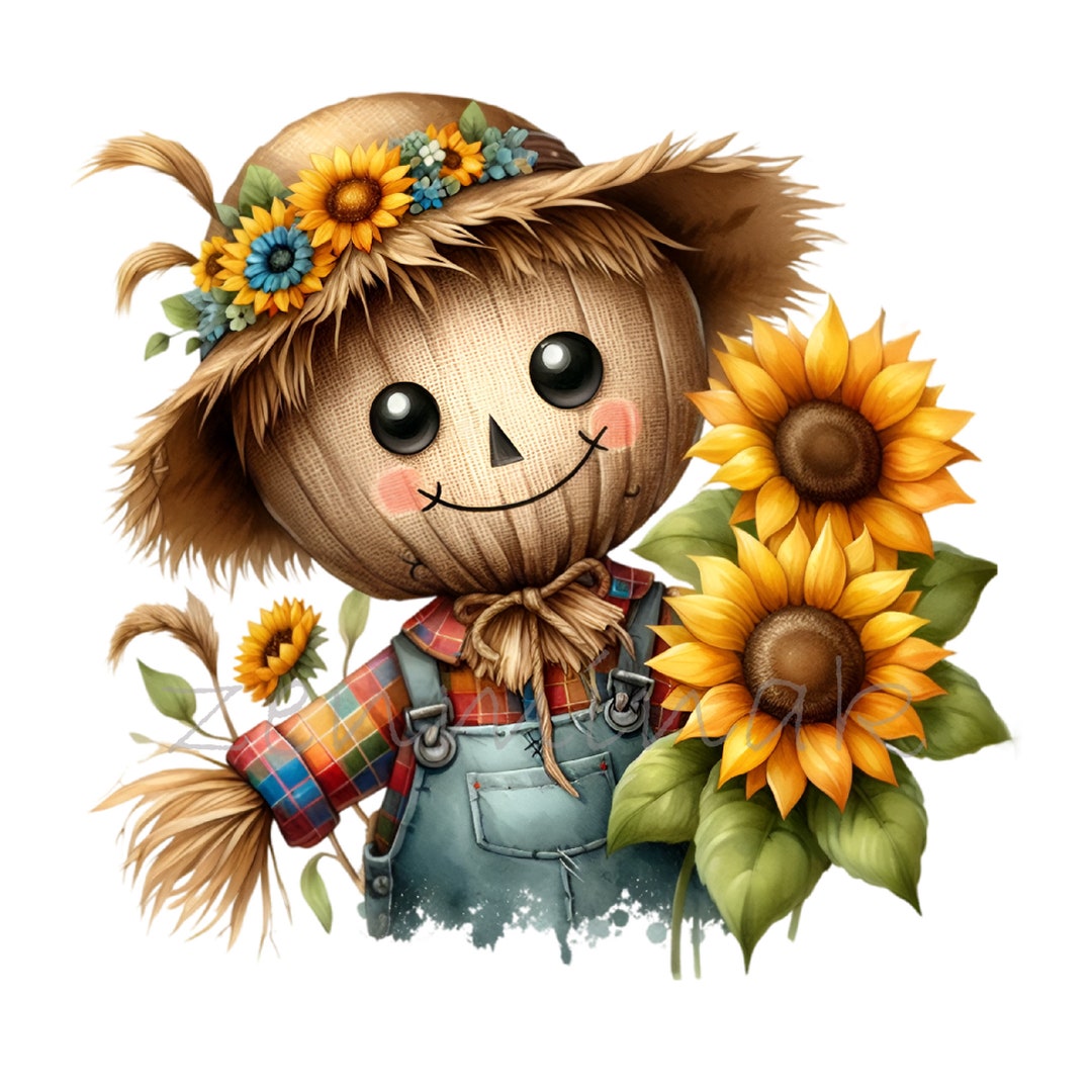 14 Cute Scarecrow PNG Clipart With Sunflowers and Straw Hat, Autumn ...