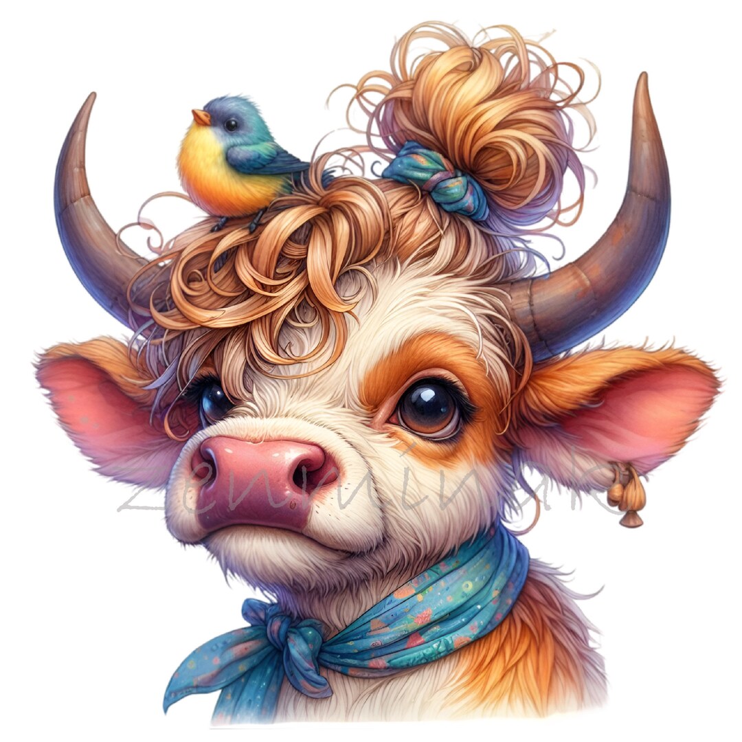 Funny Cow With Bird 12 PNG Cute Comics Cartoon Kids Illustration ...