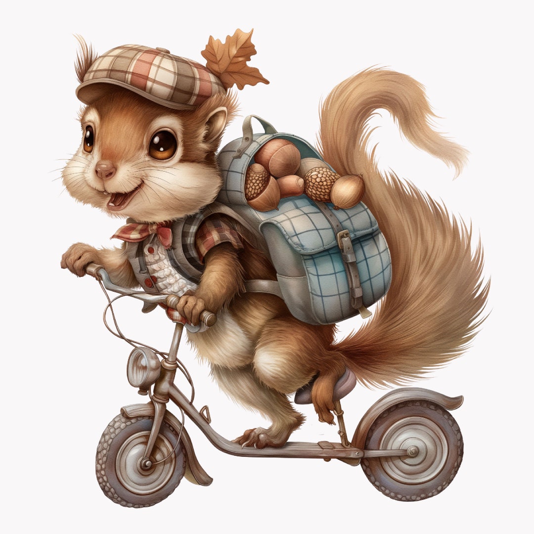 Squirrel Riding Scooter With Acorns Backpack, Fall Woodland Animal ...