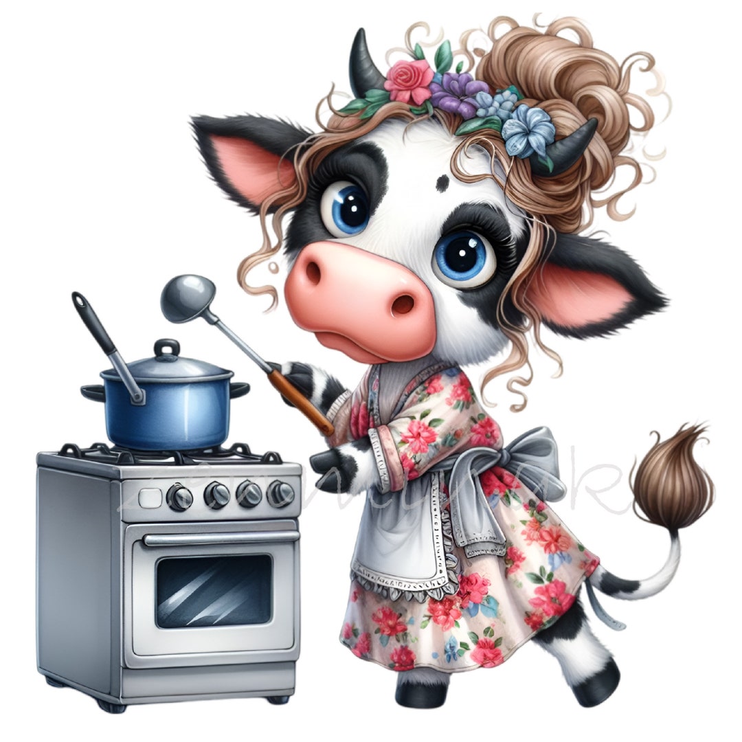 Funny Cow Cooking Clip Art, 12 PNG Farm Kitchen Towel Design, Housewife ...