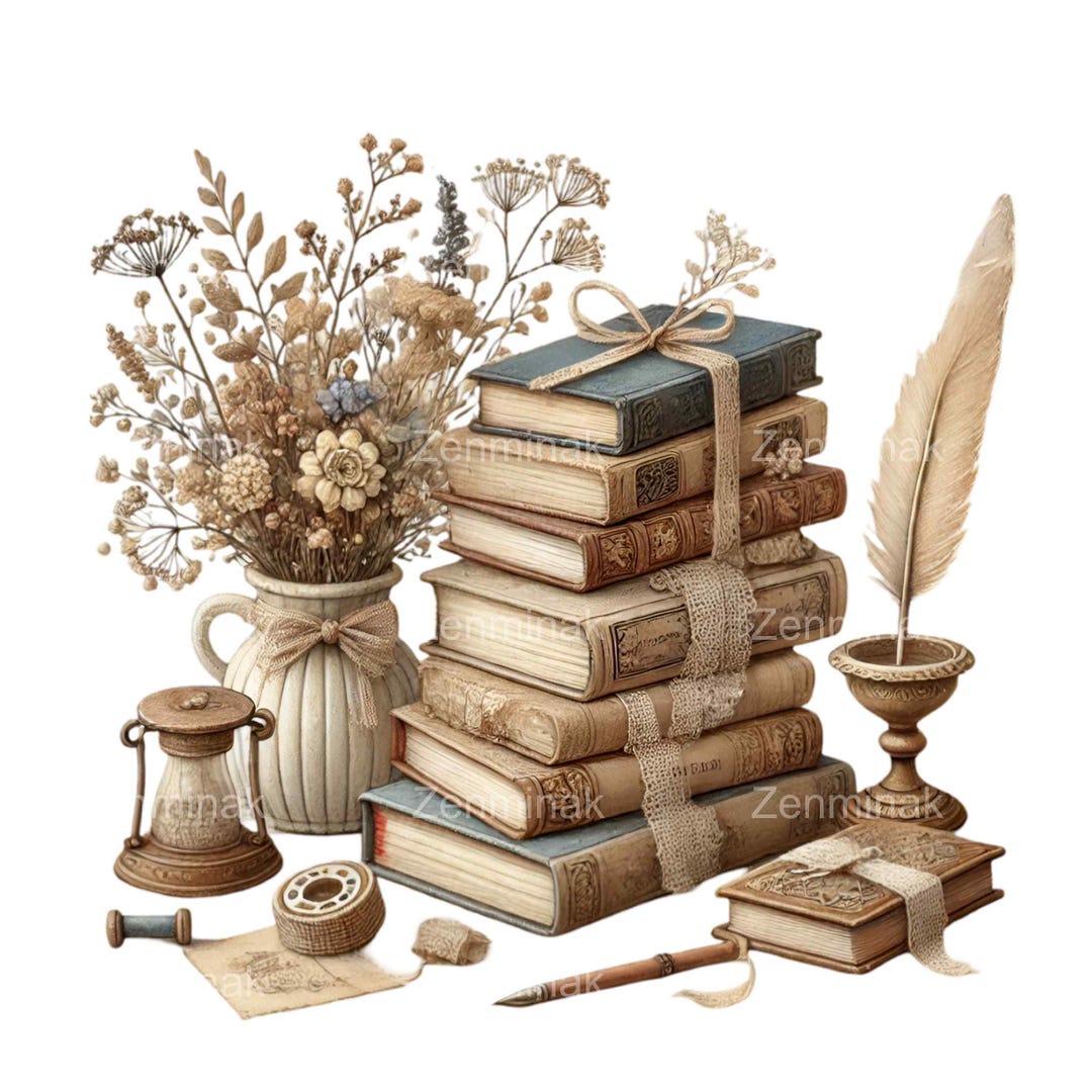 15 Vintage Books and Flowers Clip Art PNG, Rustic Stack of Books With ...