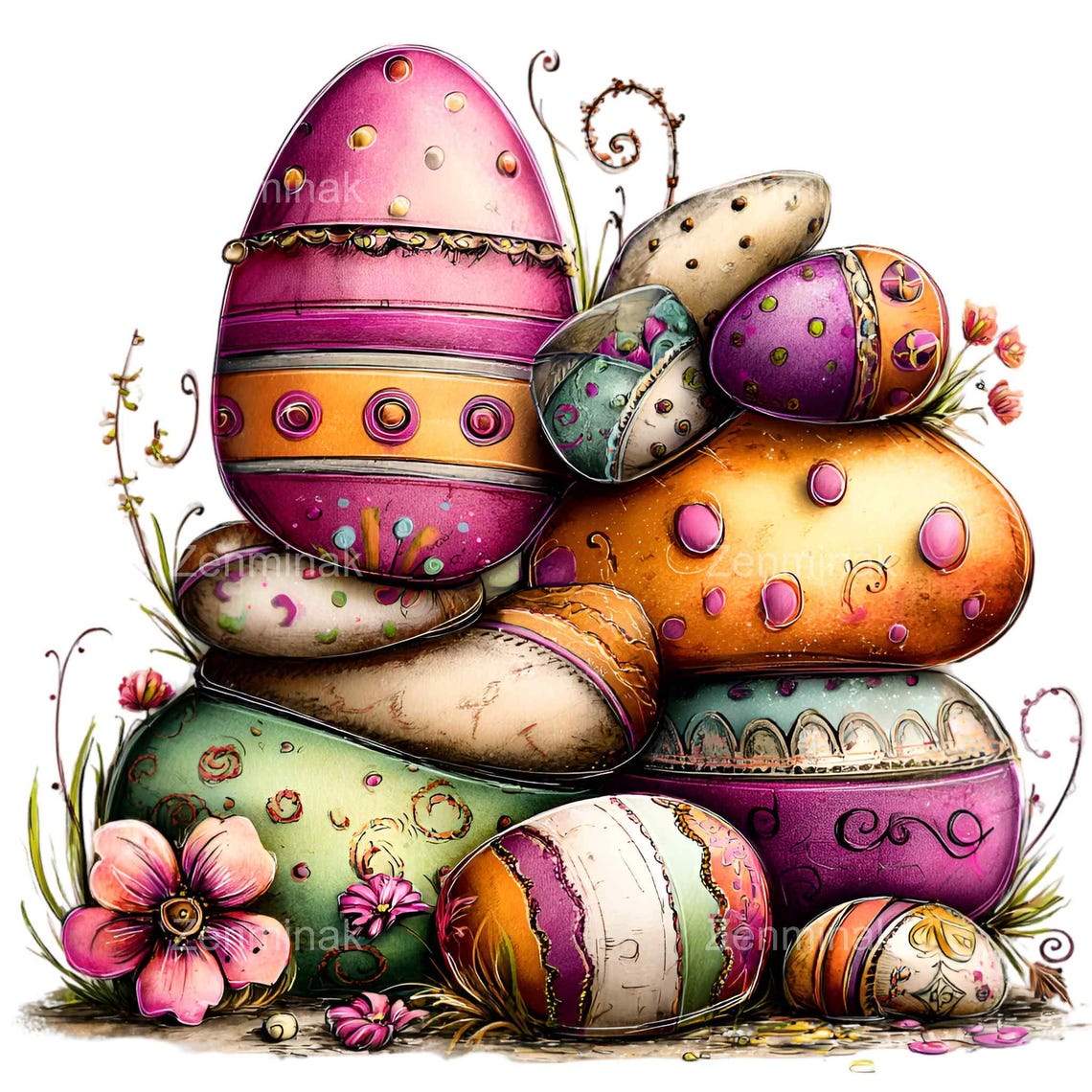 12 PNG Decorated Easter Eggs Clipart, Floral Spring Illustration ...