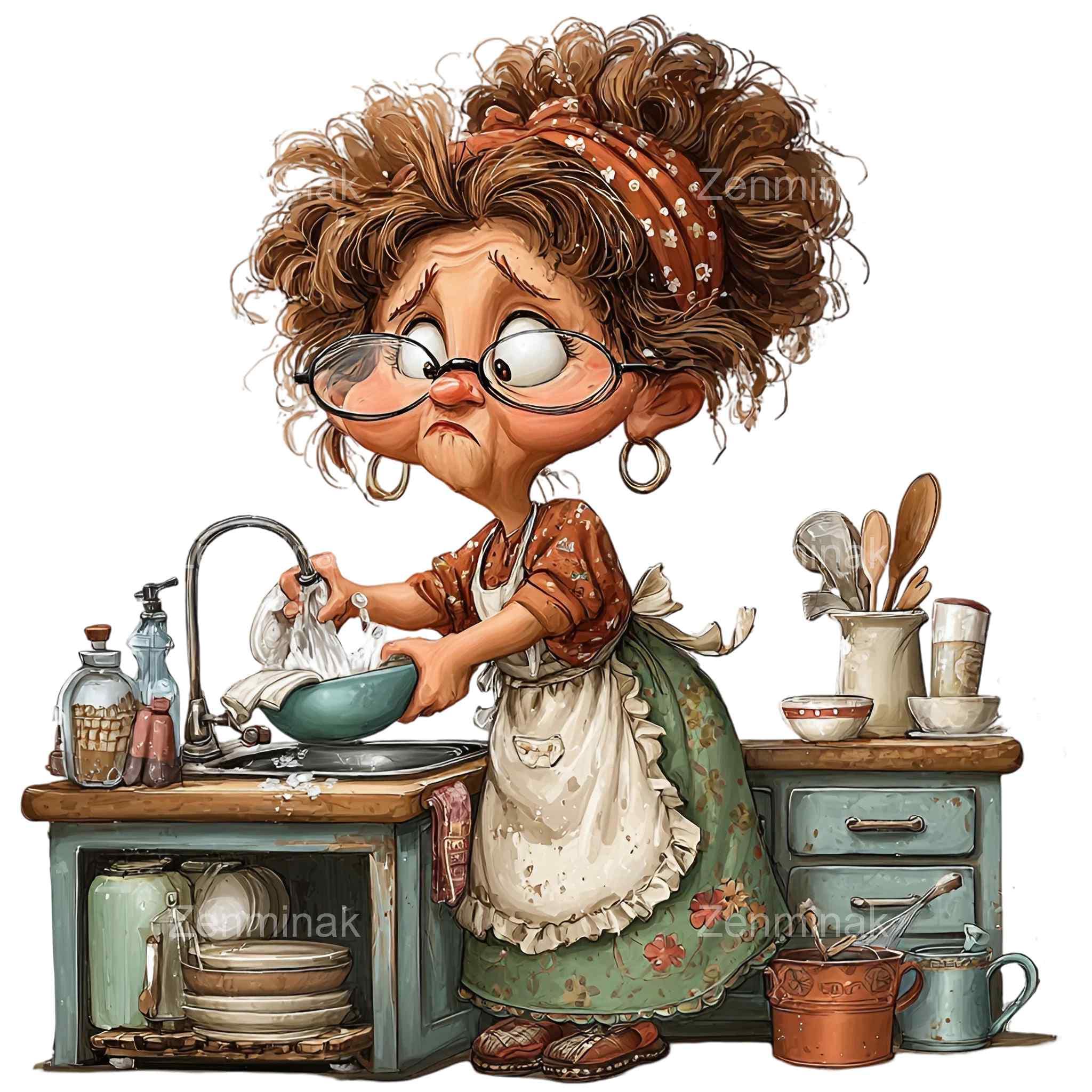 19 PNG Funny Grandma Kitchen Clipart – Cartoon Housewife PNG ...