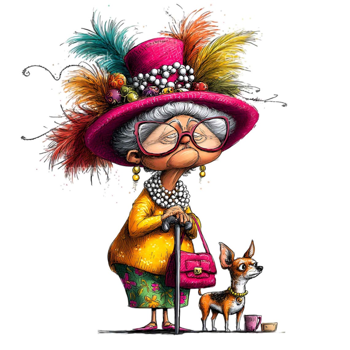 16 PNG Grumpy Lady Clipart – Funny Old Woman With Big Hat and Chihuahua ...