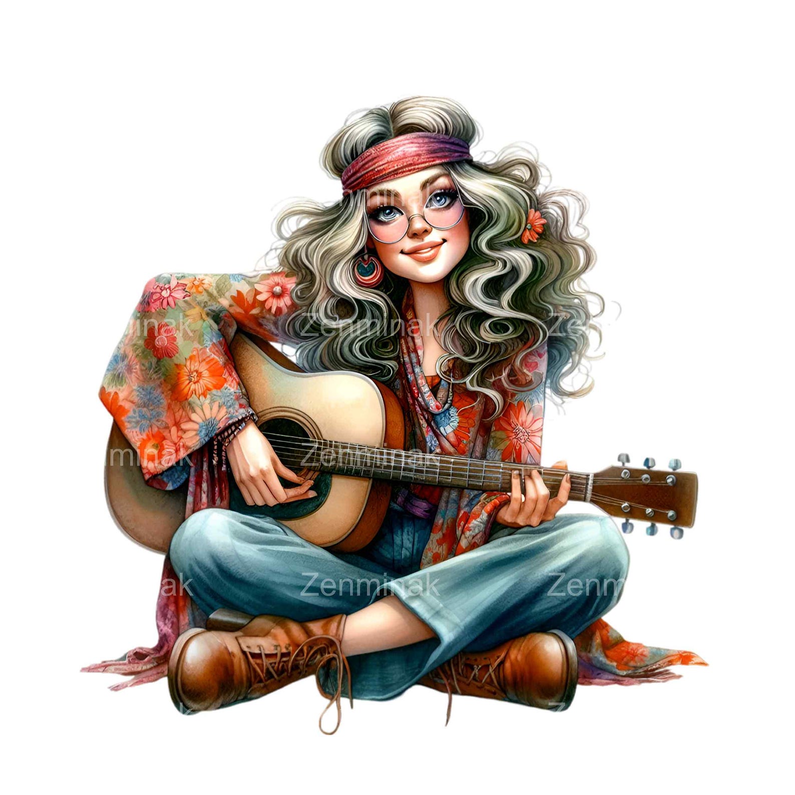 16 PNG Girl Guitar Clipart, Hippie Musician Woman, Retro 70s Singer ...