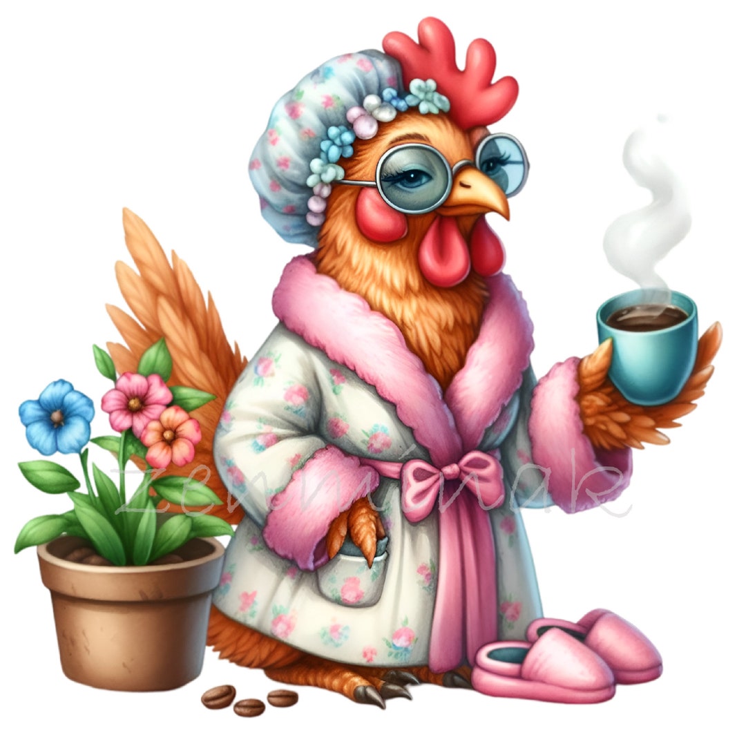 18 Funny Chicken Clipart PNG, Hen in Bathrobe With Coffee and Slippers, Cute Morning Farm Animal ...