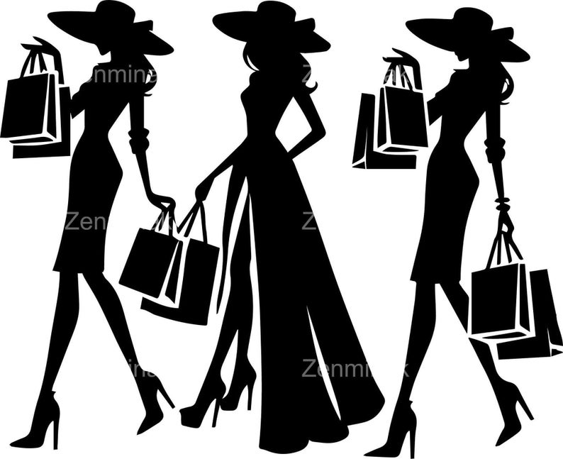 5 SVG Elegant Shopping Girl SVG – Woman in Dress, Hat & Heels With Bags ...