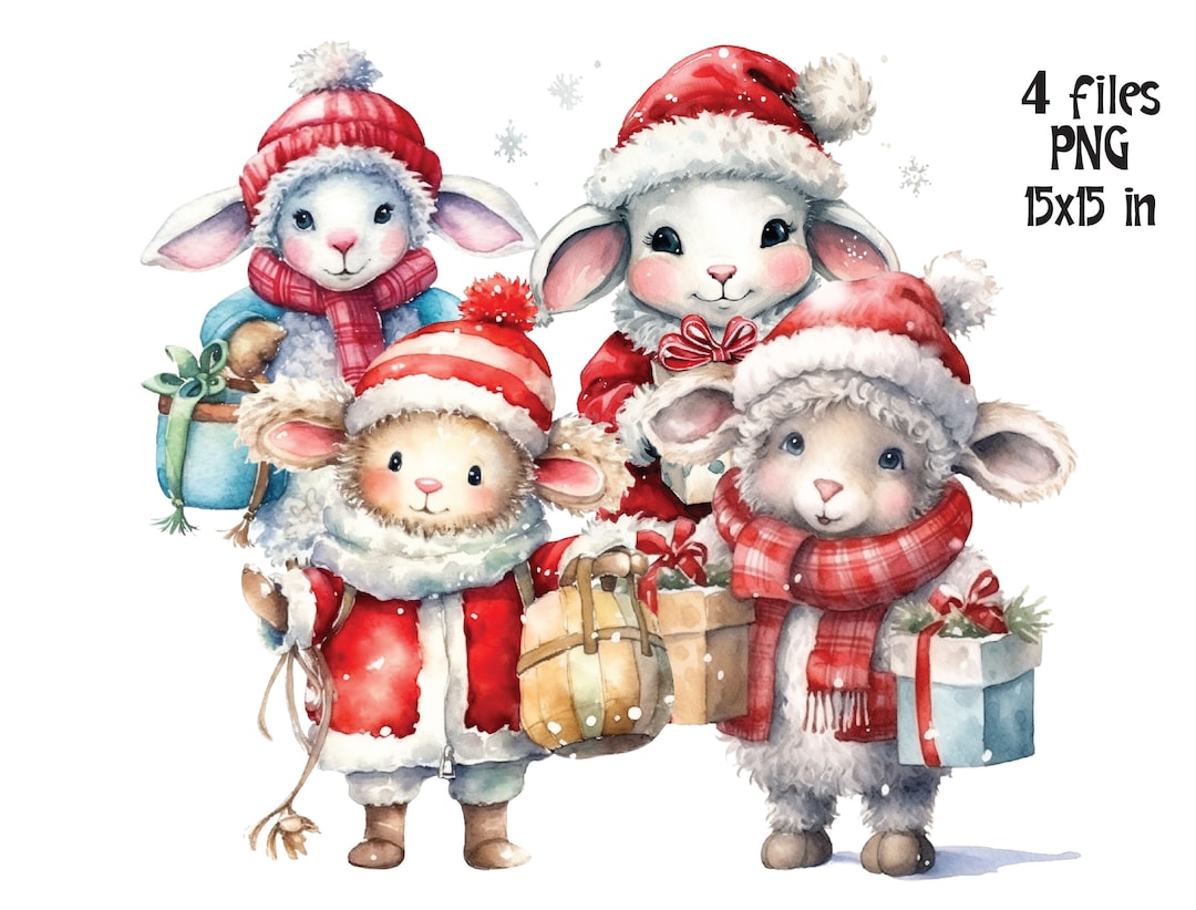 Sheep Christmas Clipart PNG Watercolor Farm Animals - Etsy