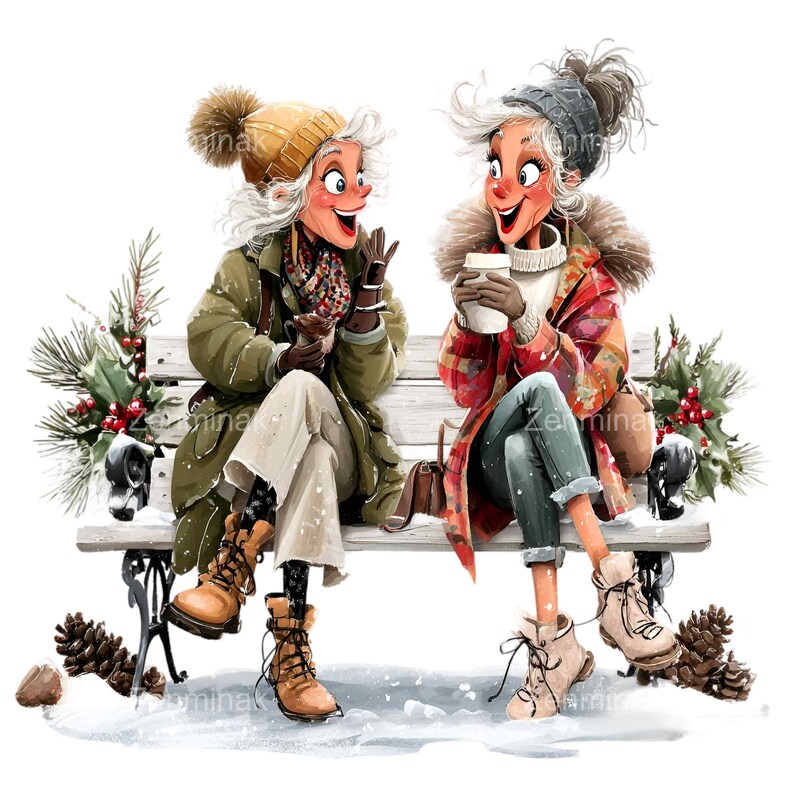 15 PNG Winter Coffee Friends PNG – Funny Ladies on Sled Clipart for ...