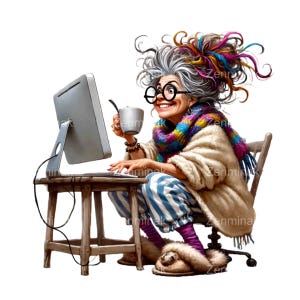 15 Funny Granny Working at Computer PNG, Cartoon Elderly Woman Clipart ...