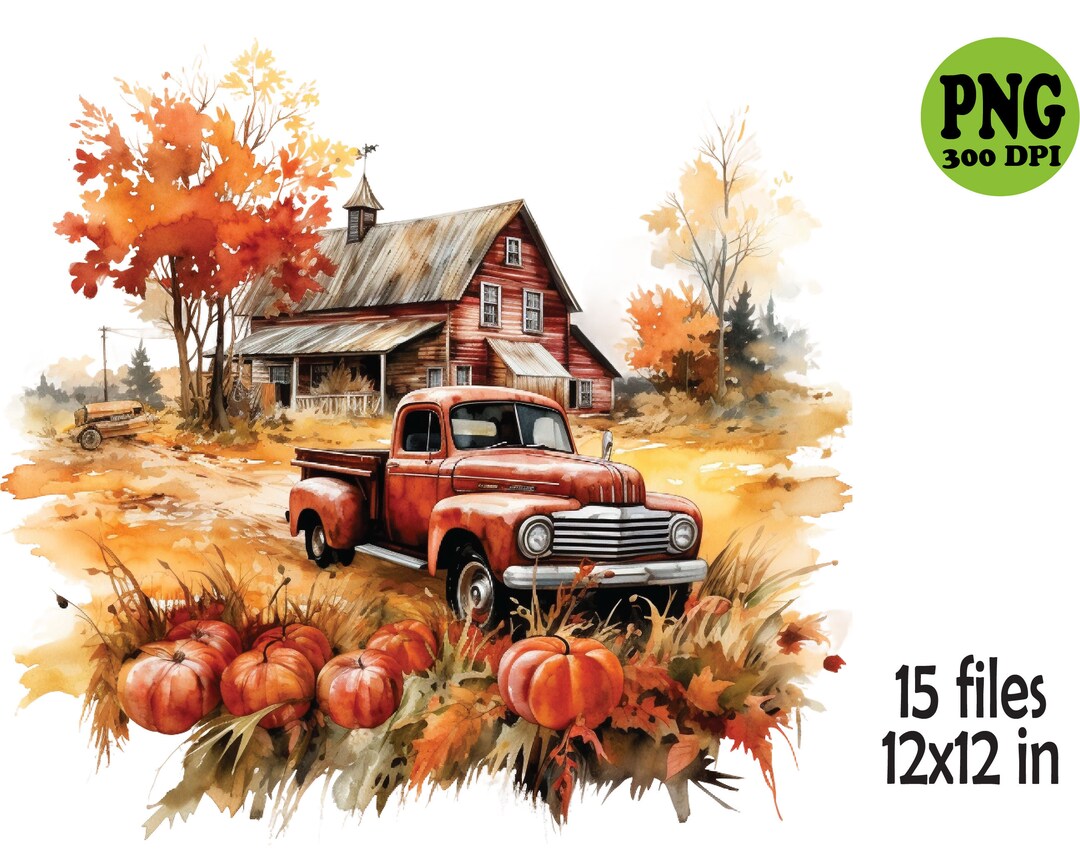 Rustic Fall Farm Scene PNG Clipart, Vintage Red Truck With Pumpkins, 15 ...