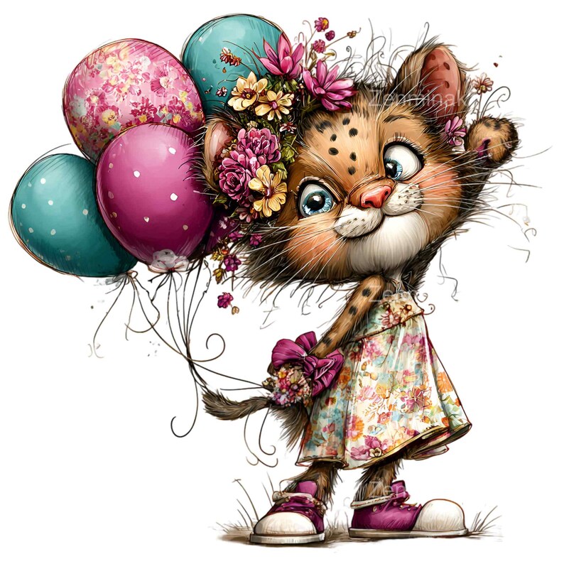 15 PNG Birthday Cat Clipart, Floral Kitten With Balloons, Party Animal ...