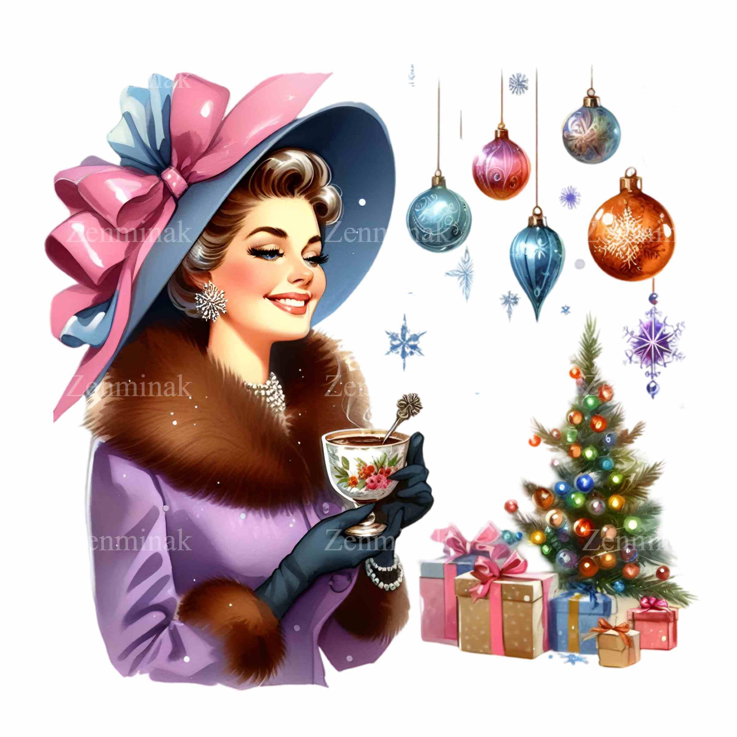 15 PNG Retro Christmas Lady Clipart – PNG of Vintage Woman With Cocoa ...