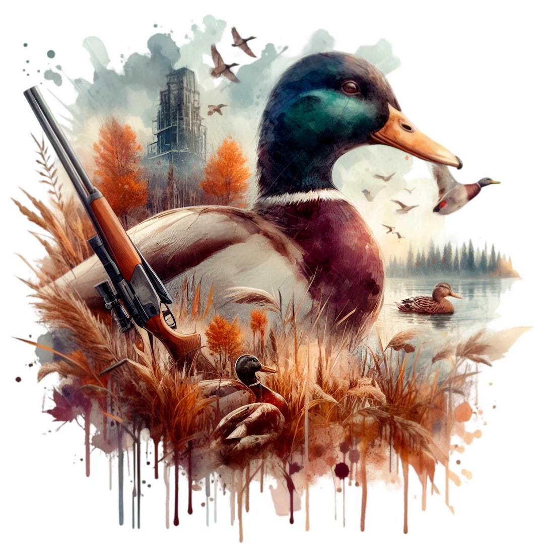 Mallard Duck Watercolor Clipart, Hunting Scene With Rifle, Autumn ...