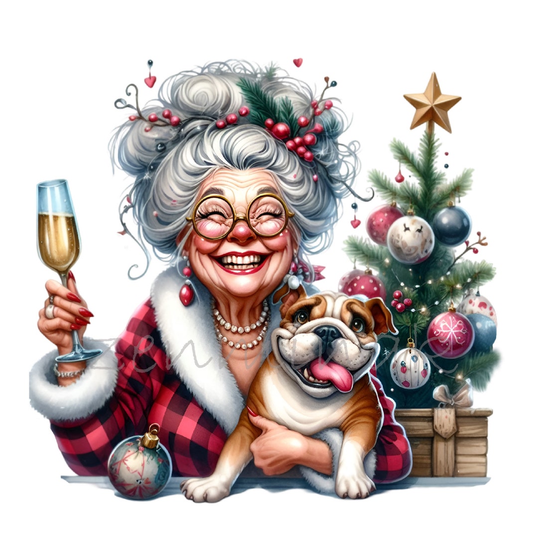 Festive Granny With Bulldog Illustration 12 Christmas Clipart Holiday ...
