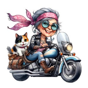 Cool Biker Lady PNG, 12 Fun Motorcycle Grandma Clipart, Quirky Cartoon ...