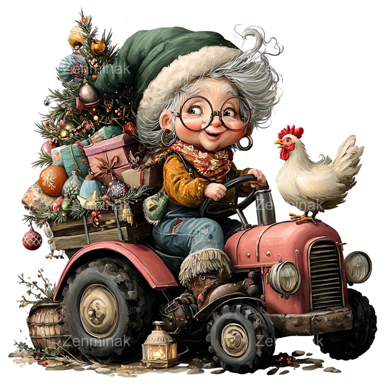 19 PNG Farmhouse Christmas Grandma on Tractor, Holiday Chicken Clipart ...
