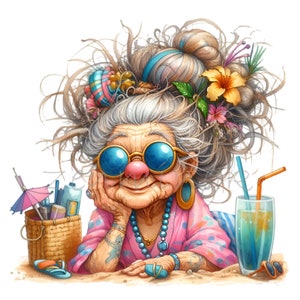 Senior Lady Beach Scene 14 PNG Funny Comics Crazy Grandma Cartoon ...